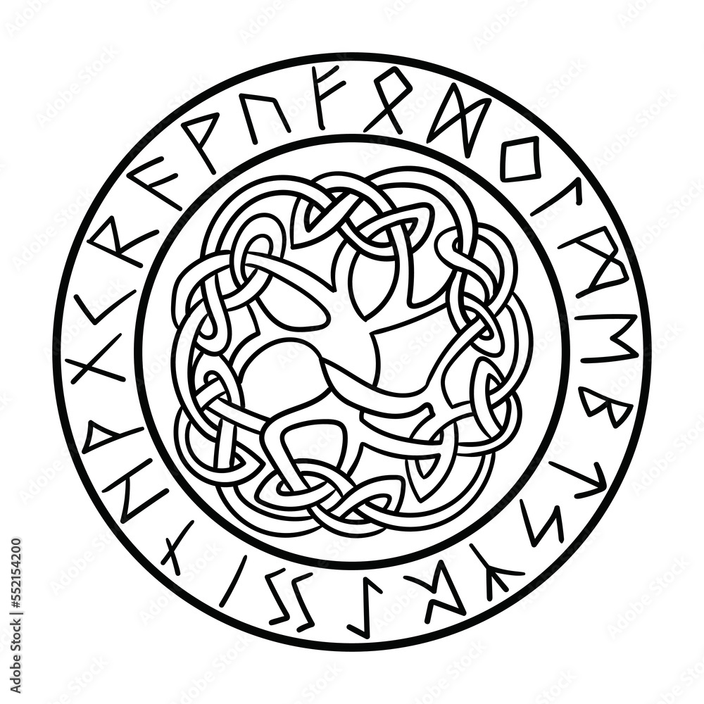 Yggdrasil, the tree of life. Vikings symbol Odin,with futhark runes ...