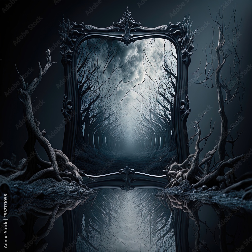 Mystical gothic mirror, dark gloomy background with fantasy mirror, reflection of darkness, dark ...