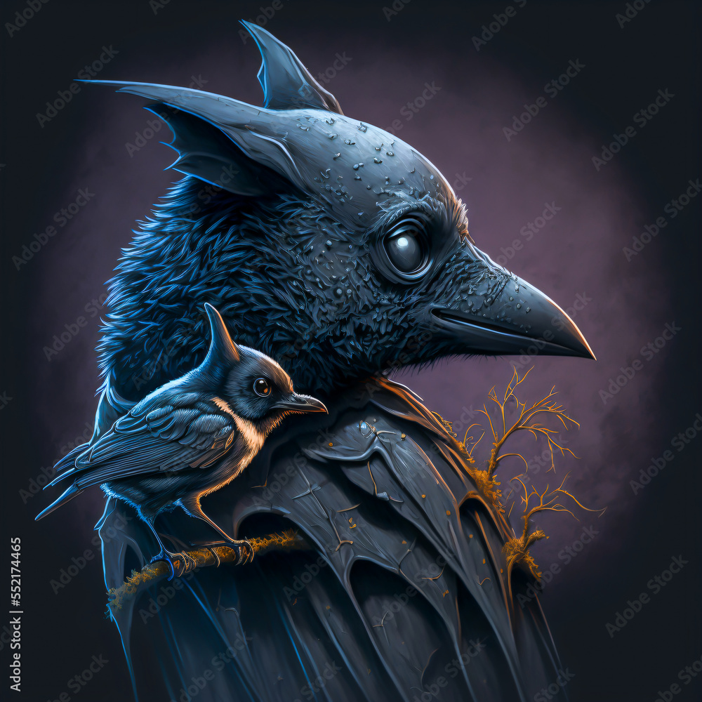 Raven and bat, painting of two birds sitting on top of each other ...