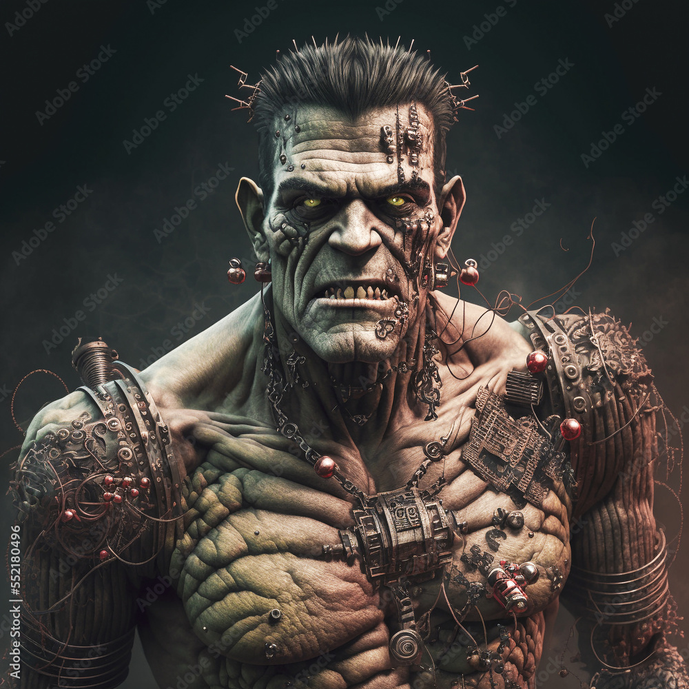 Intense, muscular Frankenstein like monster with wires and metal ...