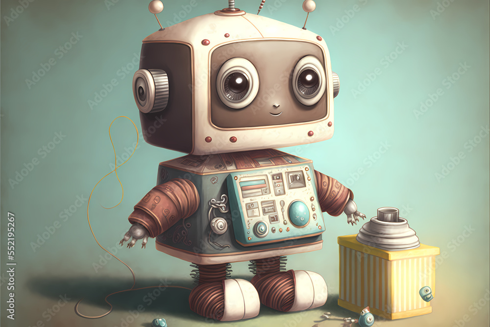 Stock-Illustration „cute little kid cube tv robot playing, baby Roboter ...