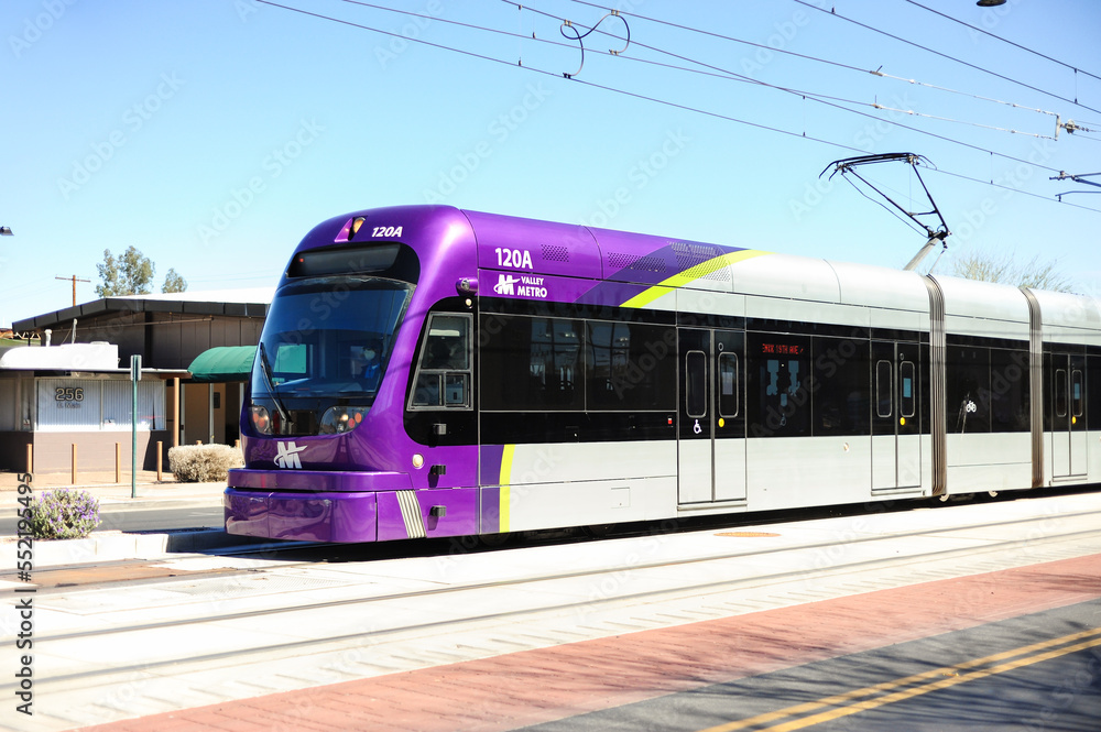 Valley Metro Rail vehicle travelling west on Main Street in Mesa ...