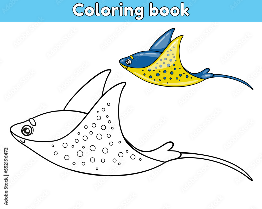 Coloring page with cartoon stingray. Outline of an ocean creature ...