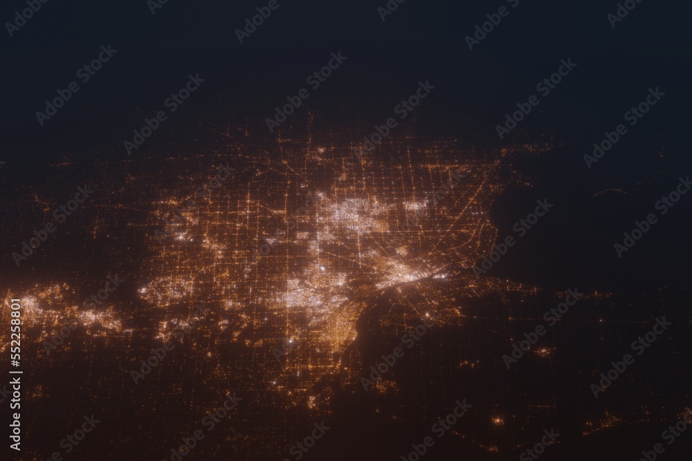 Ilustrace Aerial shot of Detroit (Michigan, USA) at night, view from ...