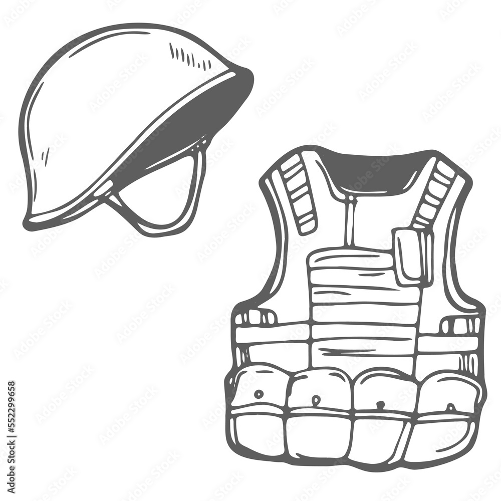 Doodle body armor and army helmet icon sketch in vector isolated on ...