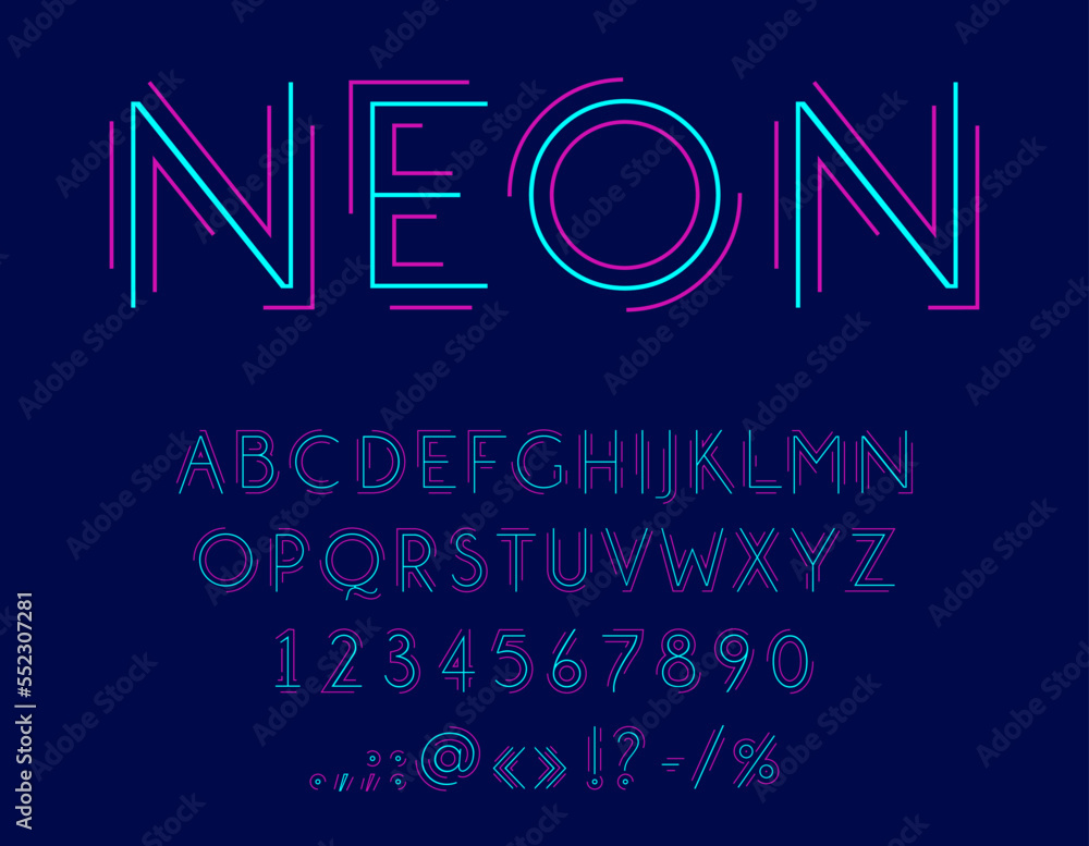 Neon font, outline typeface or retro light type alphabet, vector line ...