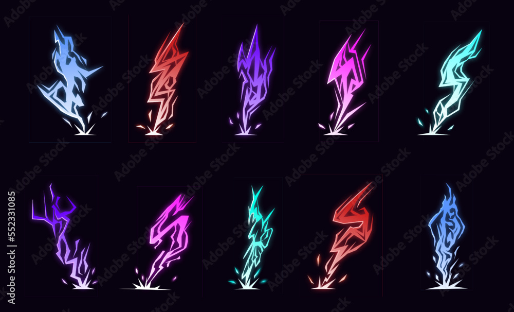 Lightning animation set with sparks. Cartoon lightning effect ...