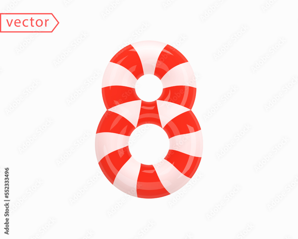 Number 8. Number Eight sign white intertwined with red ribbon. 3d ...