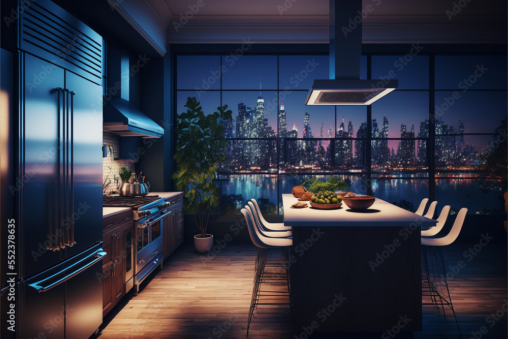 Generative AI illustration of luxury penthouse kitchen at night Stock ...