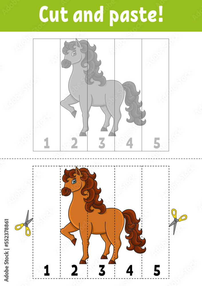 Learning numbers 1-5. Cute horse. Farm animal. Cut and glue. Coon ...