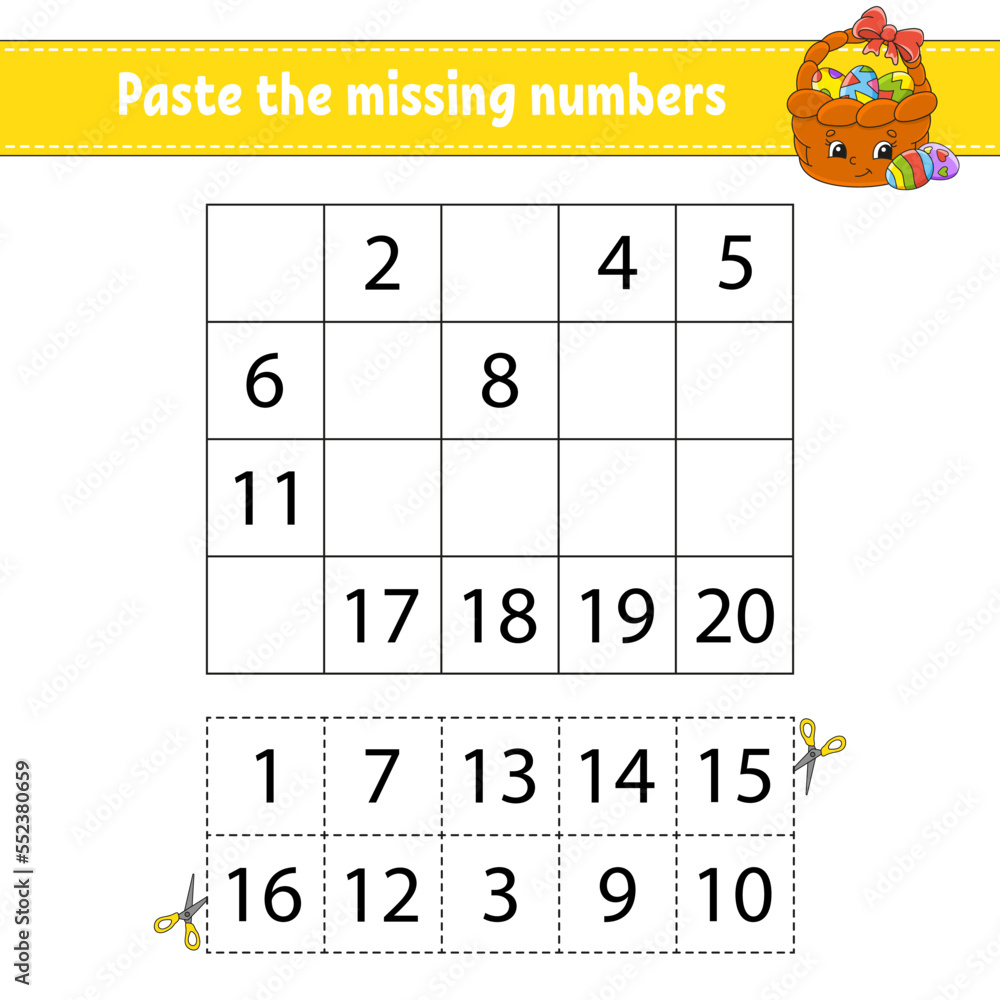 Paste the missing numbers 1-20. Game for children. Handwriting practice ...