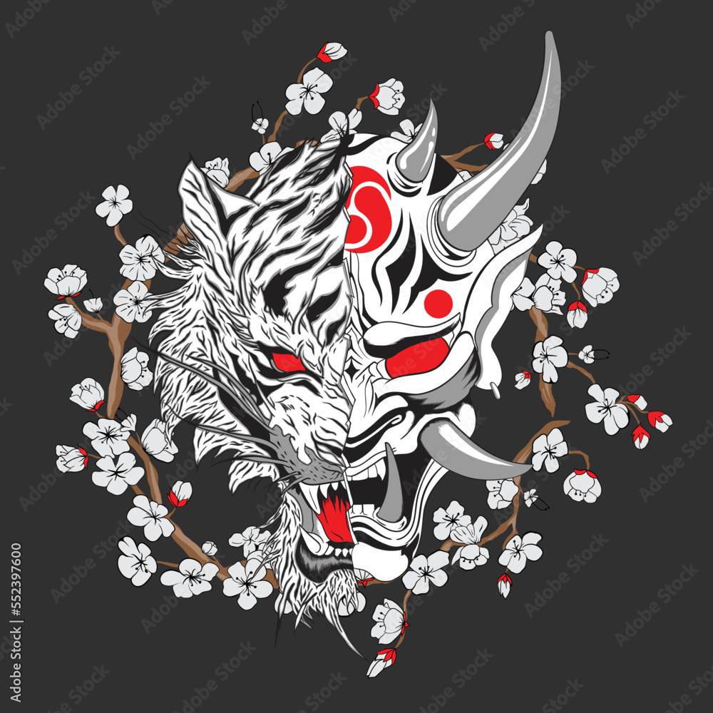japanese oni mask and tiger illustration Stock Vector | Adobe Stock