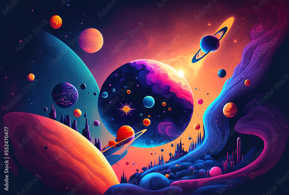 Стоковая иллюстрация «Colorful science fiction wallpaper featuring a ...