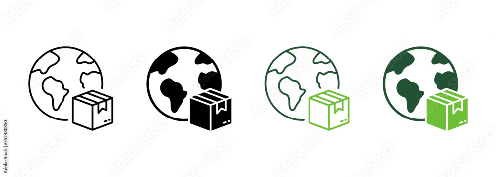 World Wide Delivery Parcel Box and Globe Silhouette and Line Icon ...