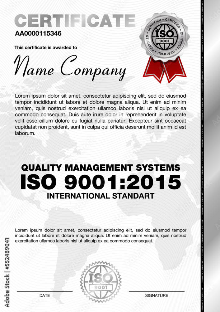 Certificate template with line pattern and silver emblem, ISO 9001 ...