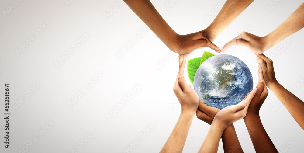 Conceptual symbol of multiracial human hands surrounding the Earth ...