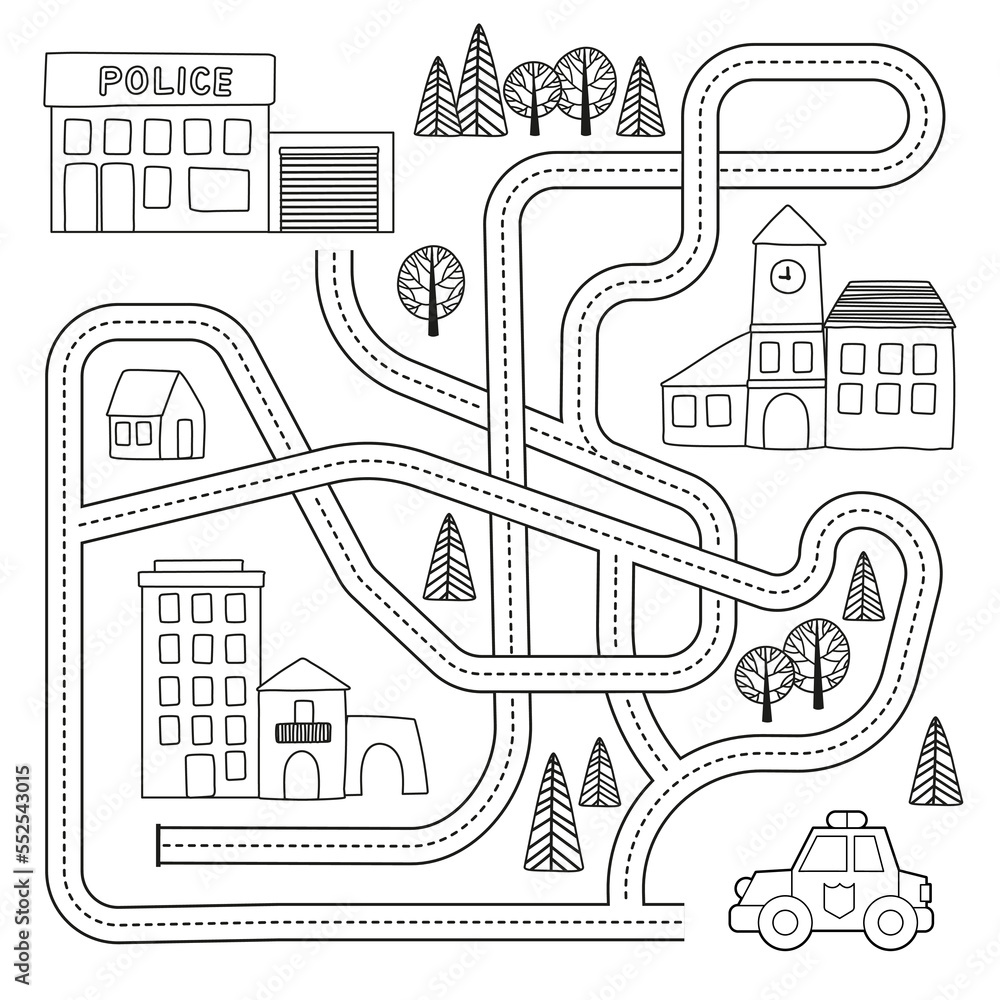 Maze game with vehicles and tangled road. Help the police car to reach ...