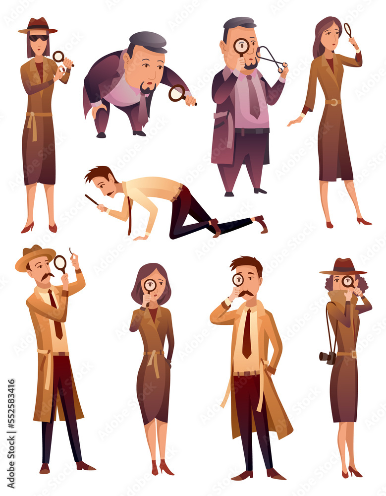 Male and female private detectives and inspectors investigate crime and ...