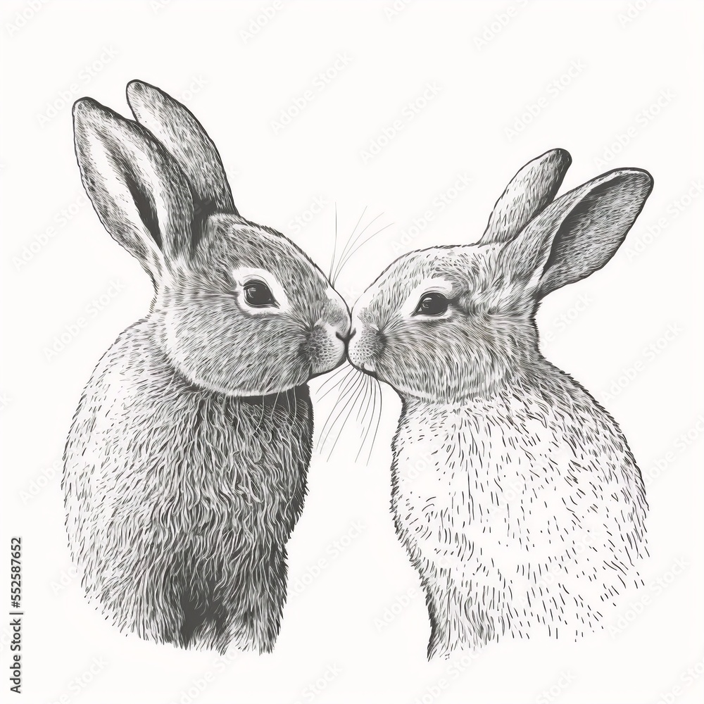 Realistic sketch of two bunnies kissing. Lettering greeting for ...