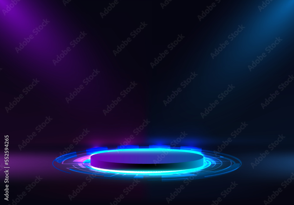 3D purple and blue neon glowing light podium platform pedestal stand ...