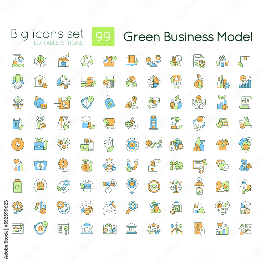 Environmental business model RGB color icons set. Eco-conscious society ...