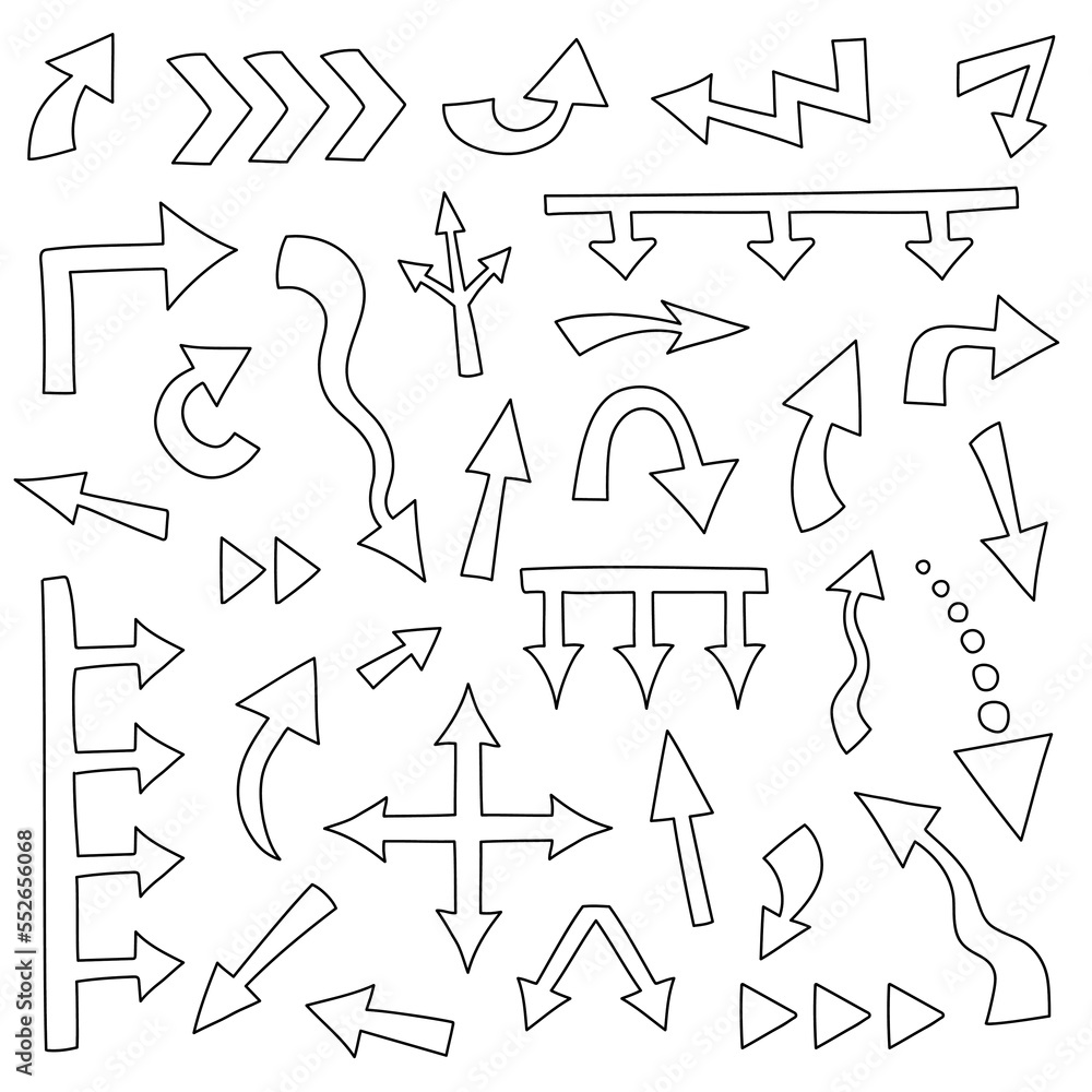 Stock-Vektorgrafik „Big set of 32 hand drawn arrows different shape ...