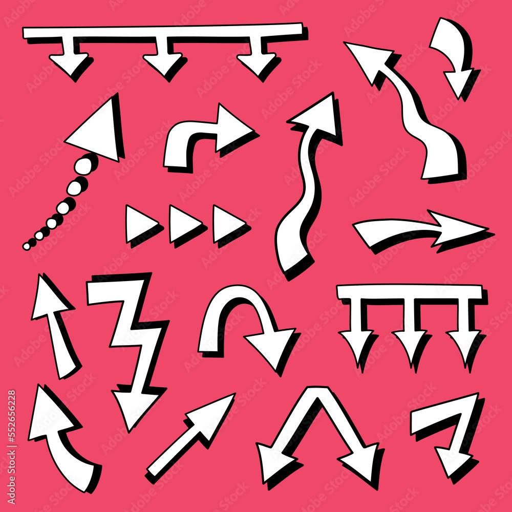 Collection of hand drawn comic arrows different shape on bright pink ...