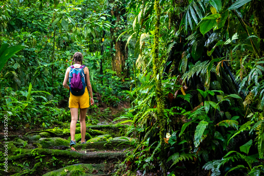 girl photographer walks through dense Costa Rican tropical rainforest ...