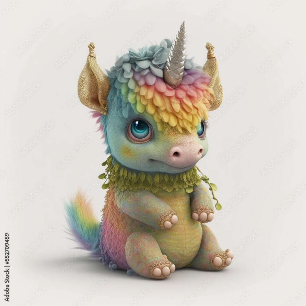 Cute rainbow baby dragon with unicorn horn Stock Illustration | Adobe Stock