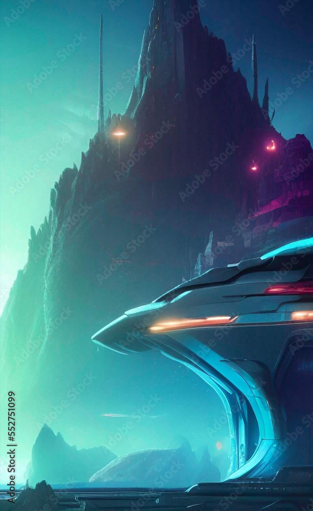 fantasy landscape with space base on alien planet, generative ai ...