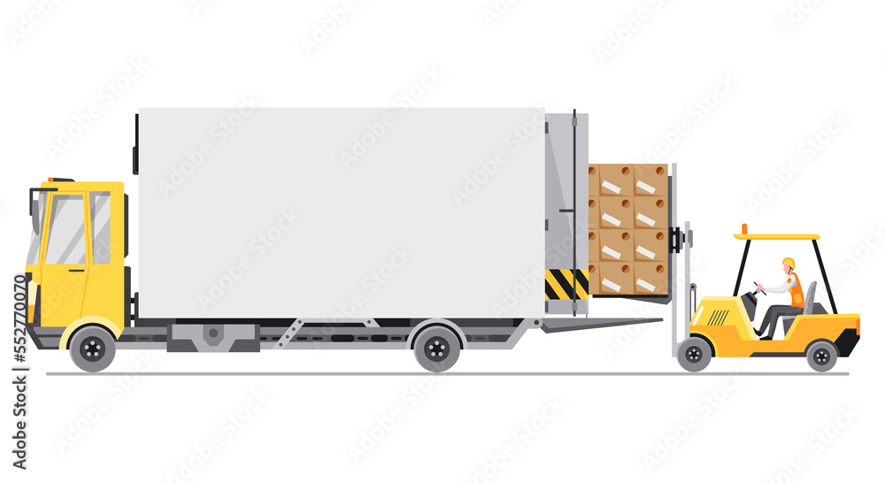Forklift loading pallet boxes into truck in side view. Electric ...
