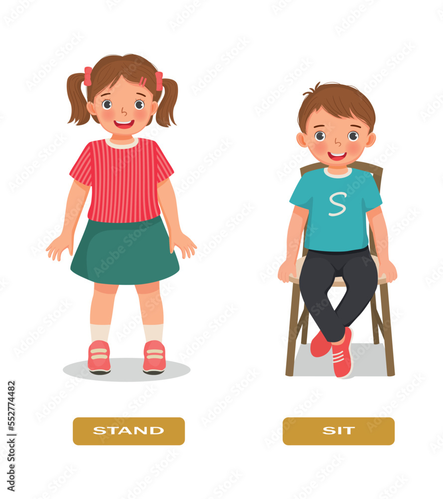Opposite adjective antonym words sit and stand illustration of little ...