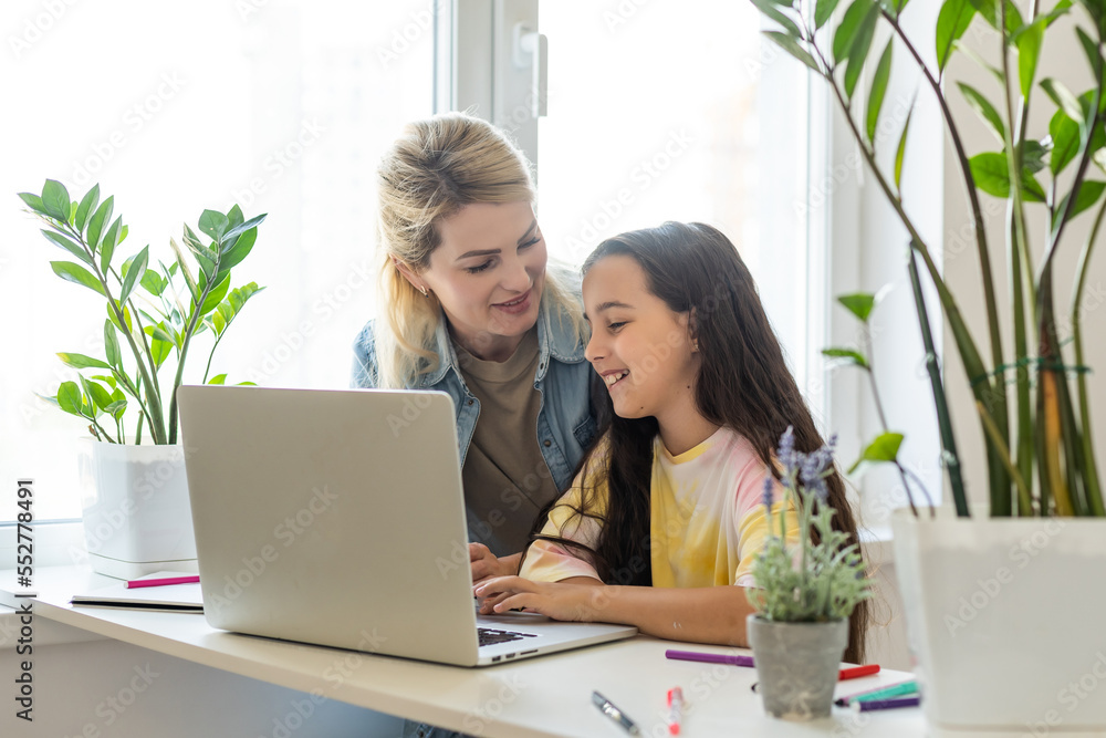 Teen girl distance learning virtual distance online class on video call ...