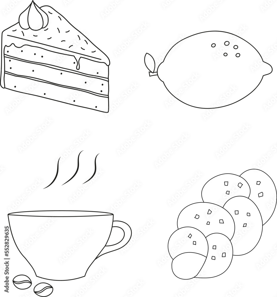 Cute coloring page for kids with cartoon food. Salty, sour, bitter ...