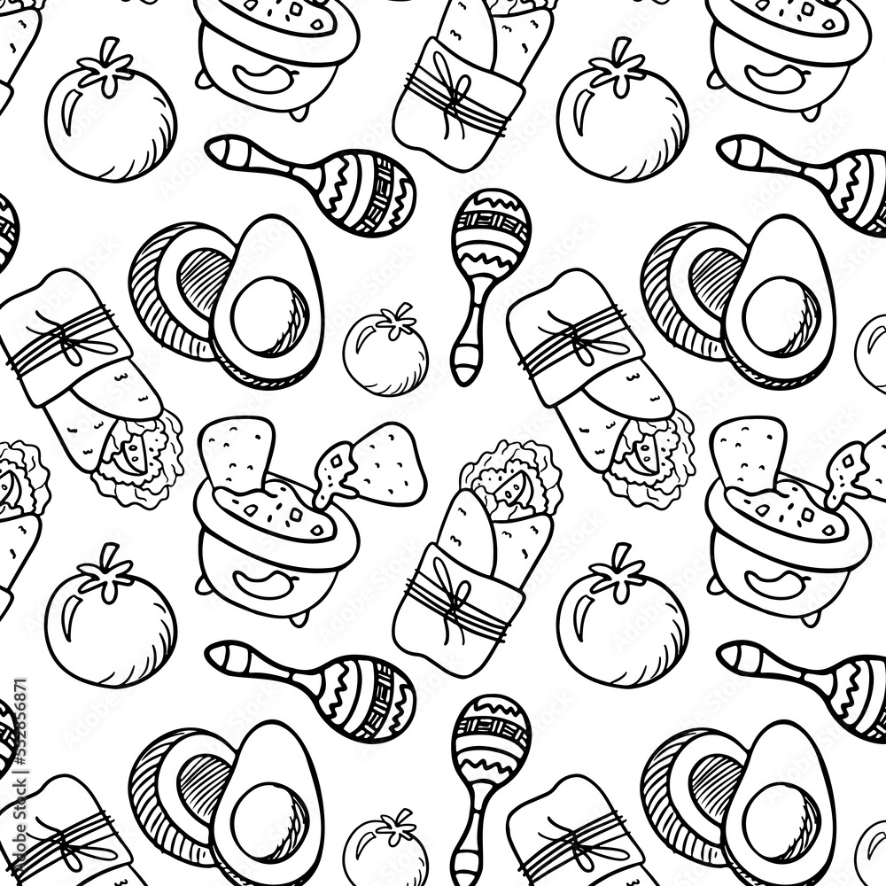 Mexican food coloring page. Nachos with guacamole, burito. Print ...