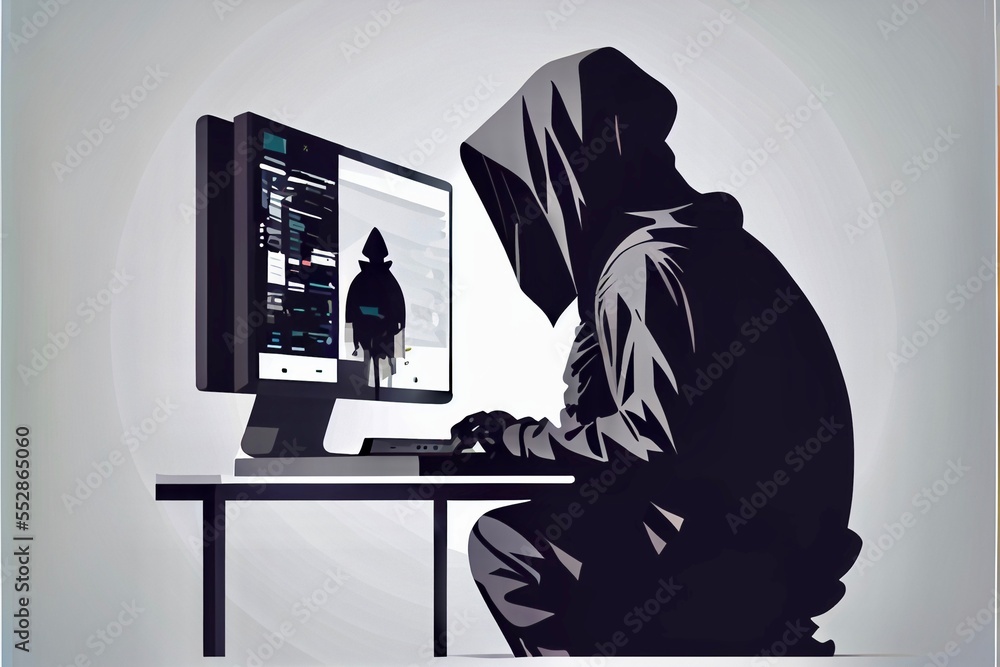 Generative AI render of a hacker at work Stock Illustration | Adobe Stock