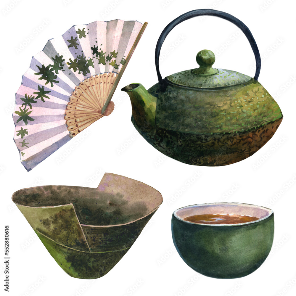 Watercolor asian tea set with dack green teapot, green cup of tea ...