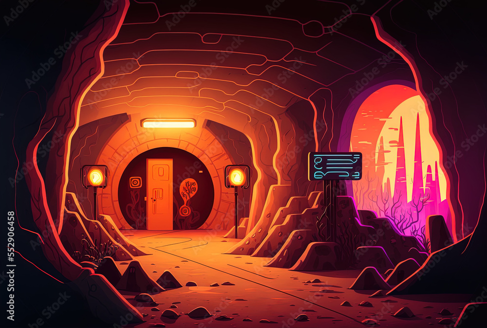 Underground chamber with red carpet hall for VIP visitors in a cave ...