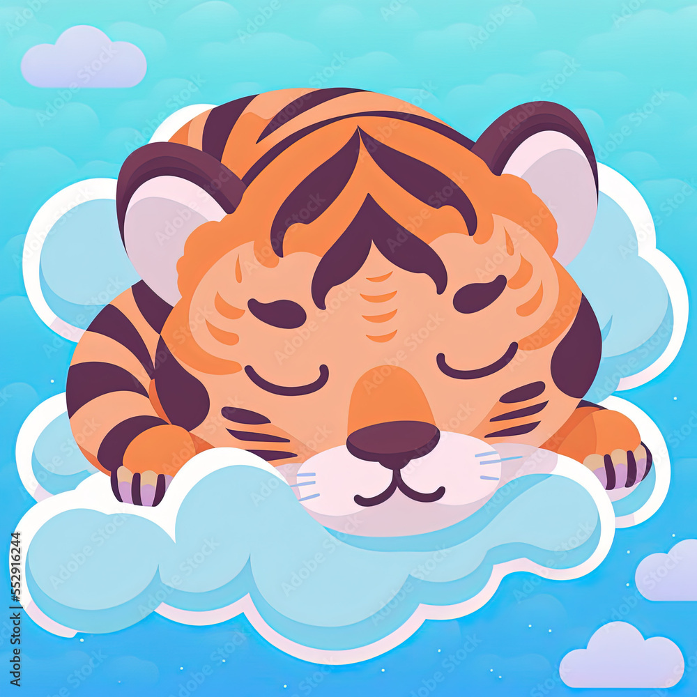 Cute Tiger Sleep on a Cloud. KAWAII Stylish Comic Stamp. Flat ...