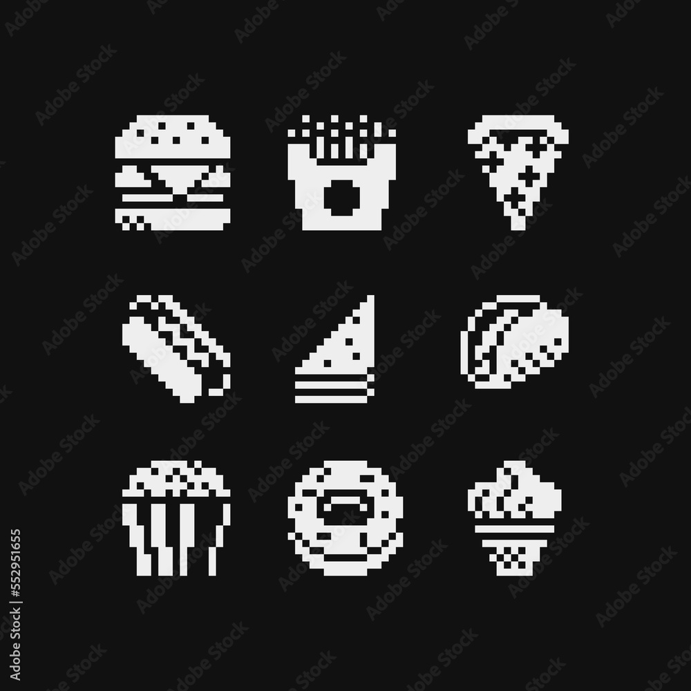 Vector de Stock Fast food pixel art 1-bit icons set, black and white ...