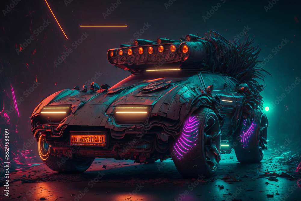 crazy futuristic neon car with dark background, digital illustration ...