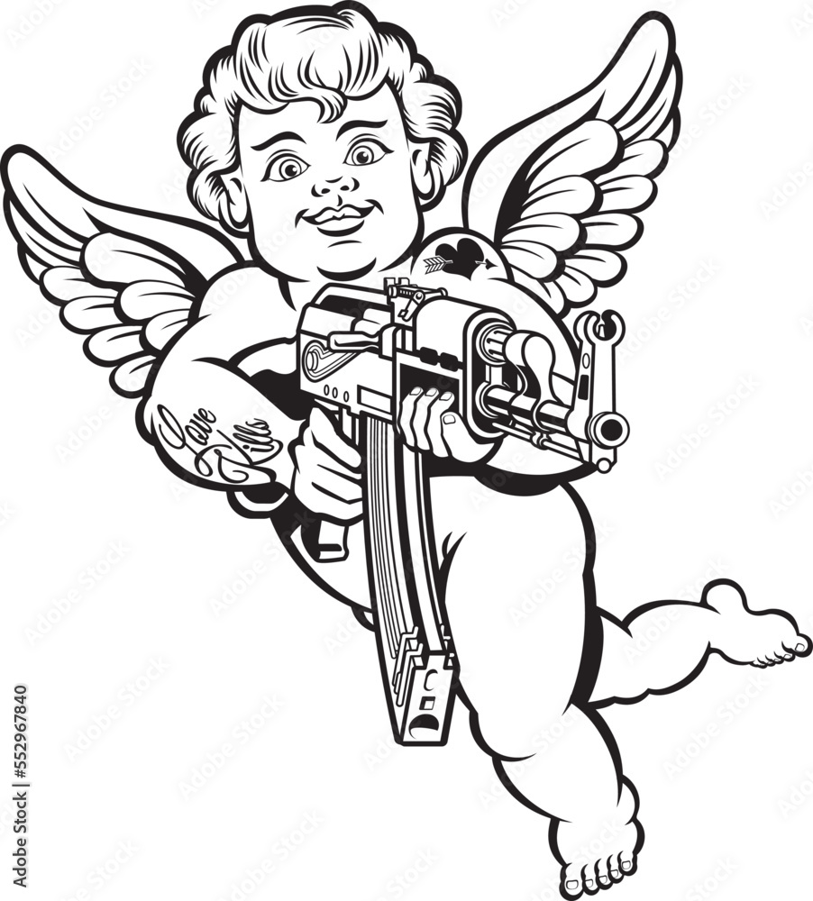 Cartoon style winged cupid pointing ak 47 assault rifle Stock Vector ...
