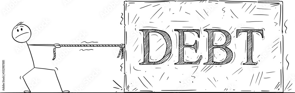 Person Dragging Debt Burden, Vector Cartoon Stick Figure Illustration ...