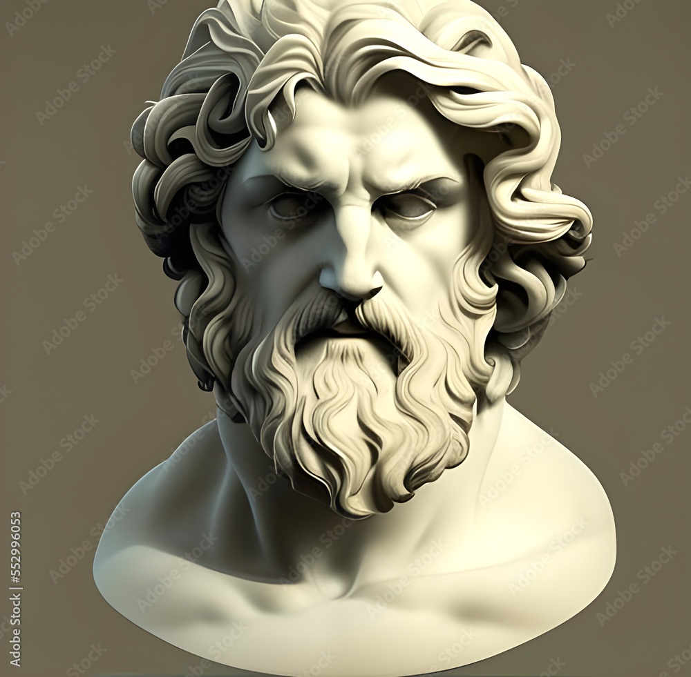 Generative AI image featuring a chiseled white marble statue bust of Greek god Zeus also known ...