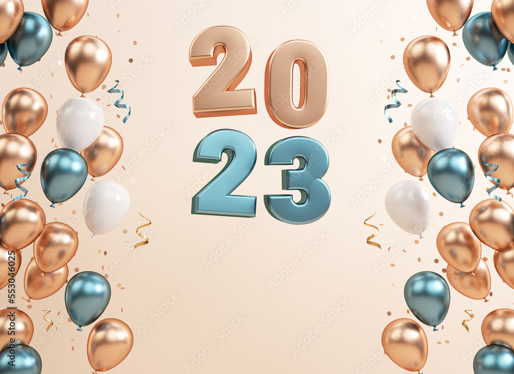 2023 festive banner template with floating numbers, gold balloons and ...
