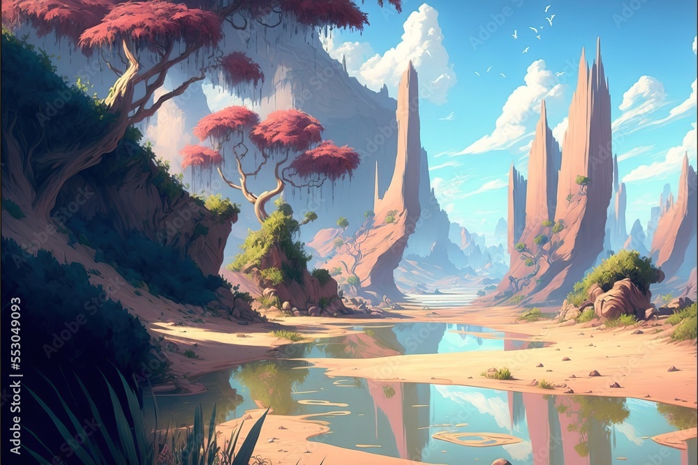 Fantasy desert oasis landscape. Desert. illustration art. Digital ...