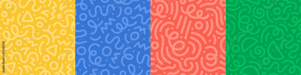 Set of fun colorful line doodle seamless pattern. Creative abstract art ...