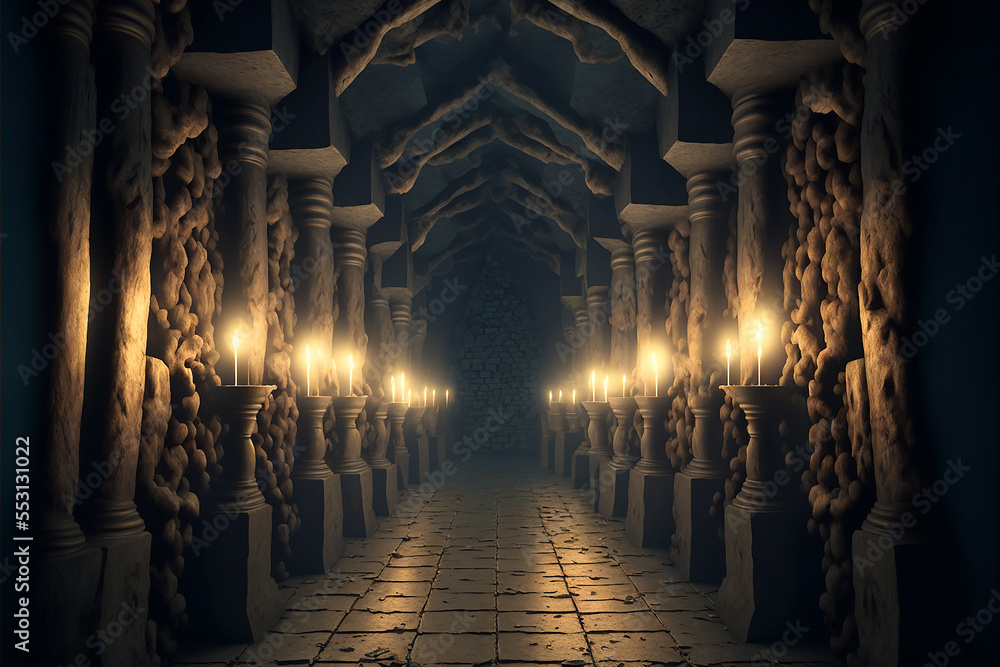 Illustration Stock Scary endless medieval catacombs with torches ...