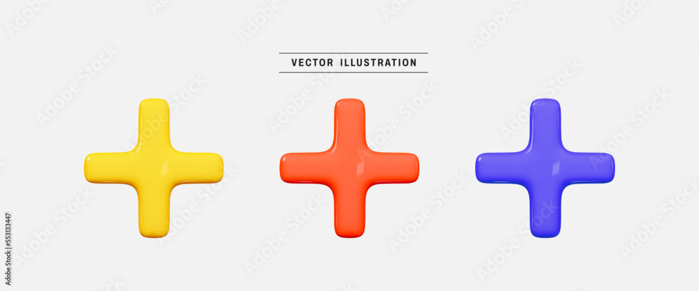 Set of plus sign 3d icon render realistic colorful design element in ...