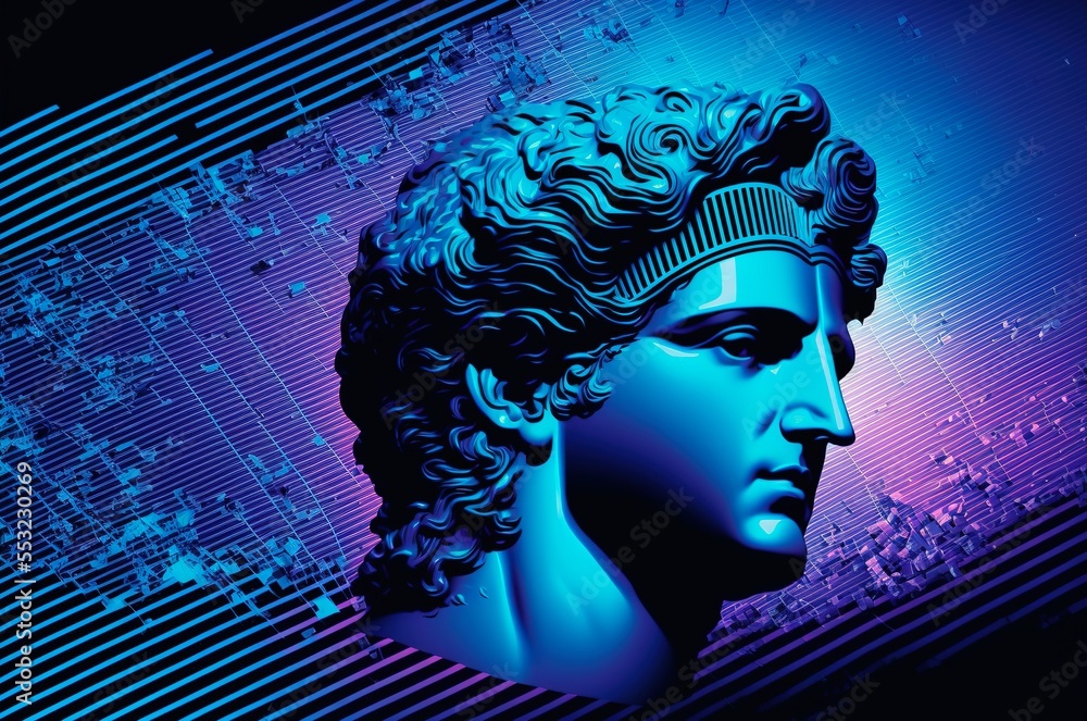 Apollo. Head of an antique sculpture in neon light. Valentine's day ...